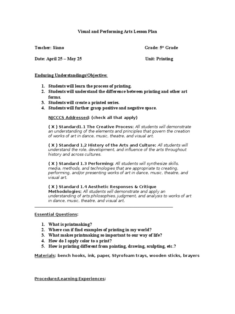 Lesson Plan 4 | PDF | Printmaking | Lesson Plan