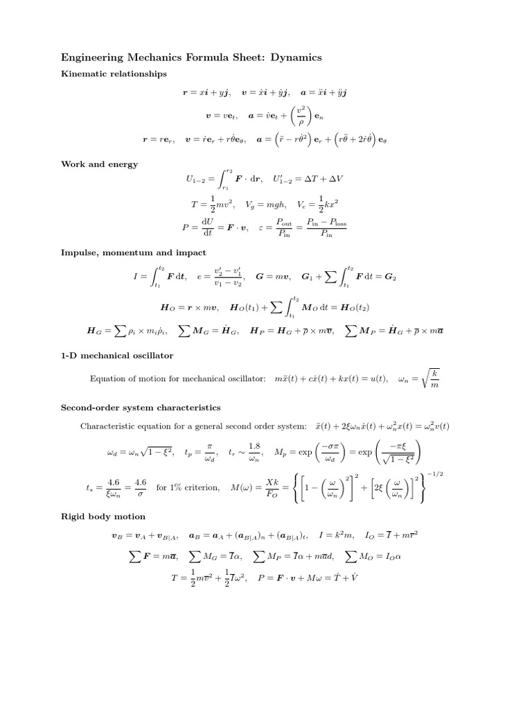 Engineering Mechanics Formula Sheet Dynamics Pdf