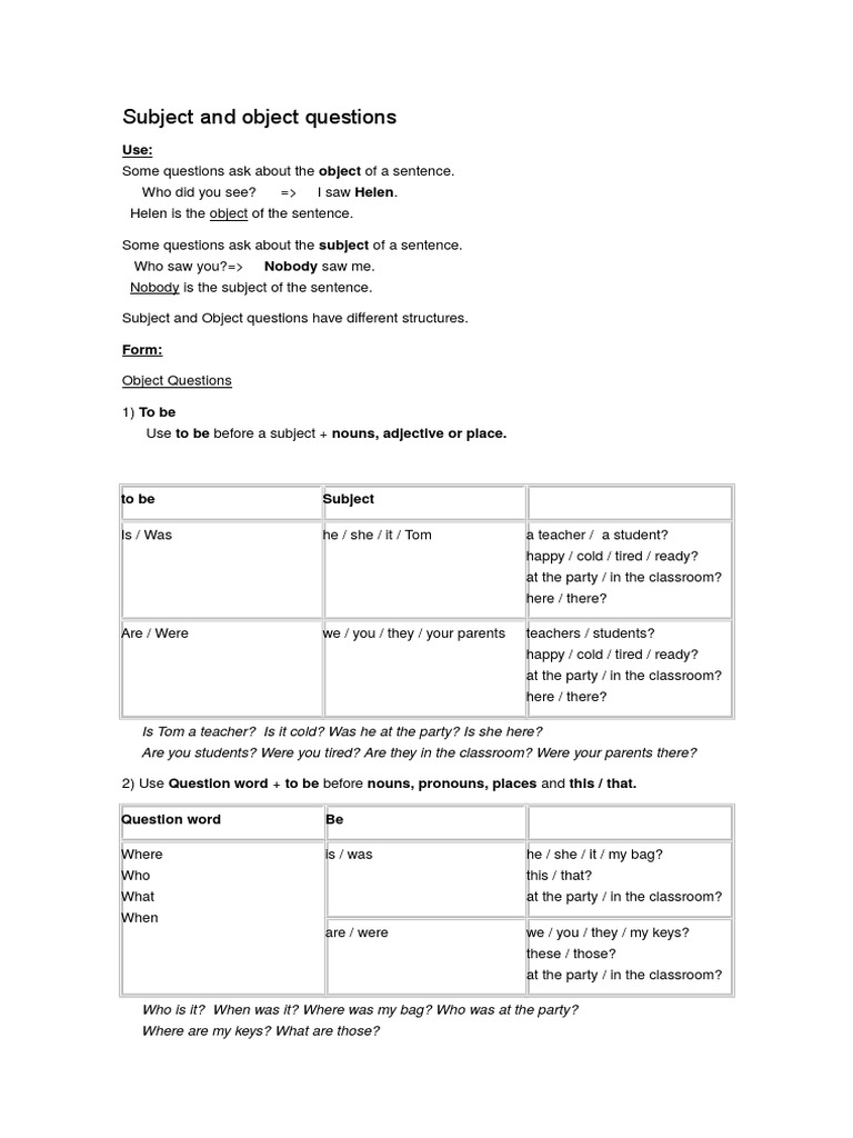 Subject and Object Questions | PDF | Verb | Subject (Grammar)