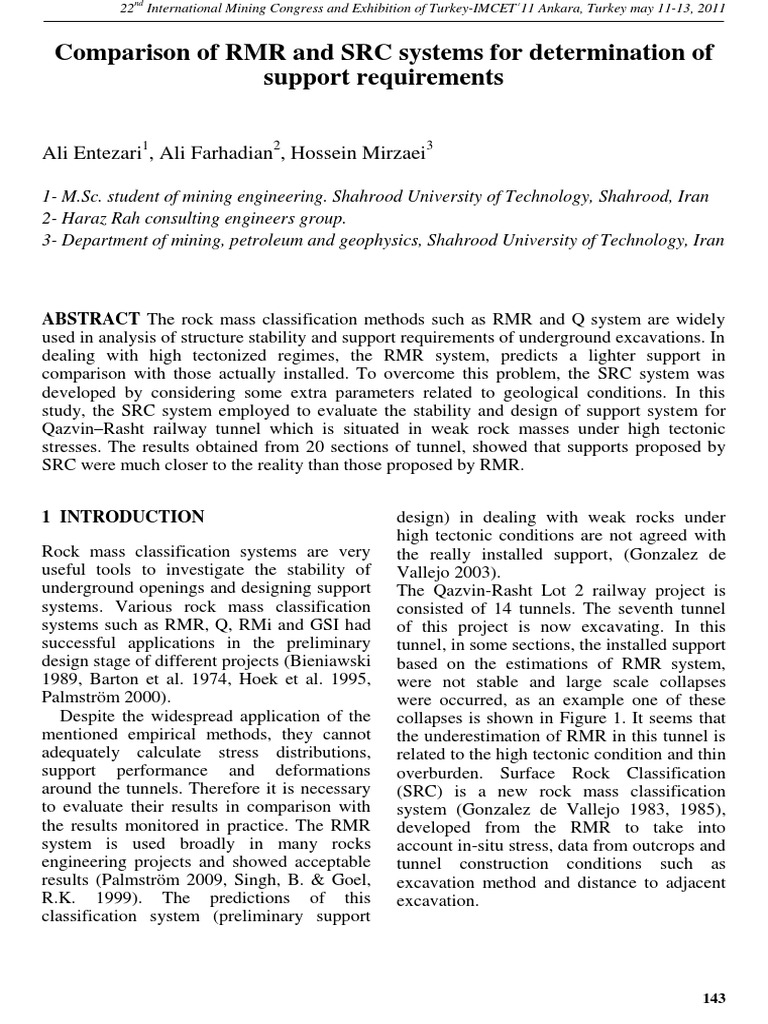 Comparison of RMR and SRC Systems For de | PDF | Tunnel | Strength Of ...