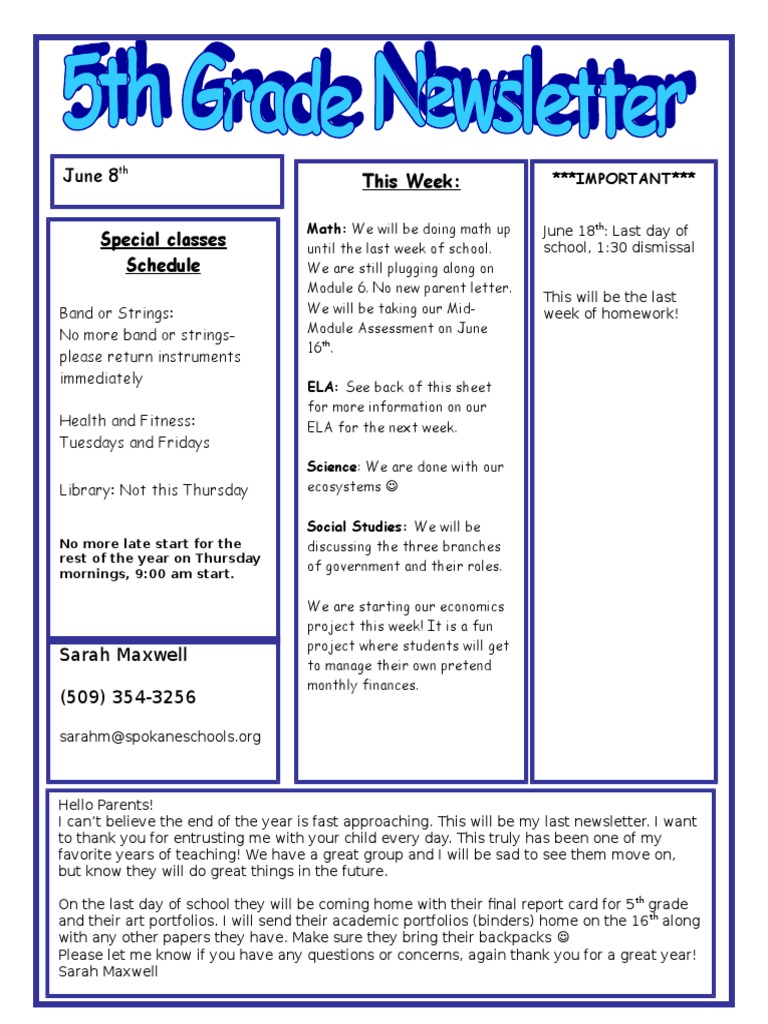 End-of-Year 5th Grade Newsletter | PDF