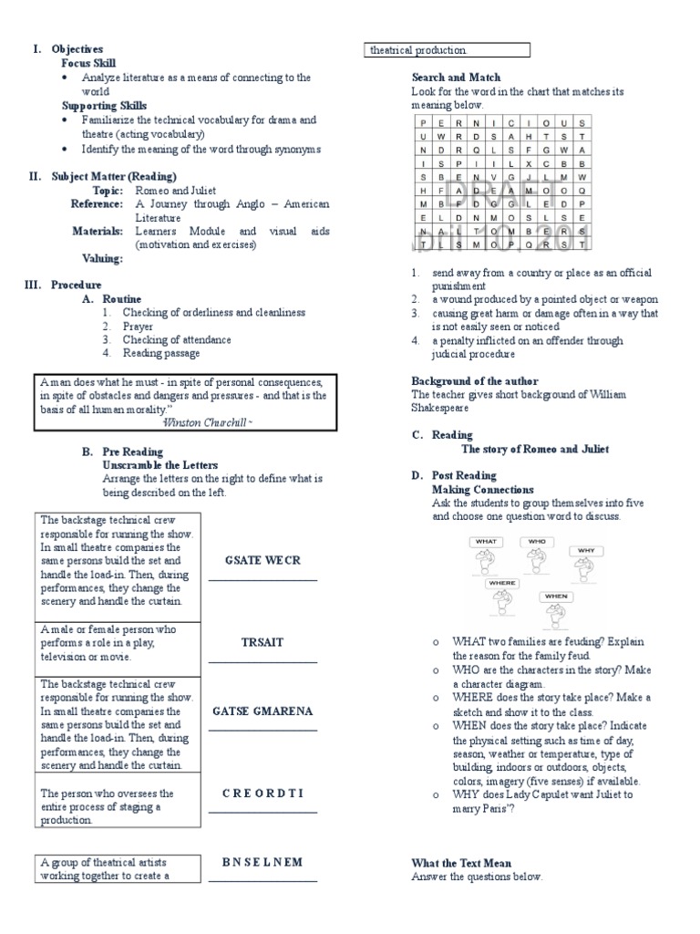 Objectives | PDF | Romeo And Juliet | Psychological Concepts