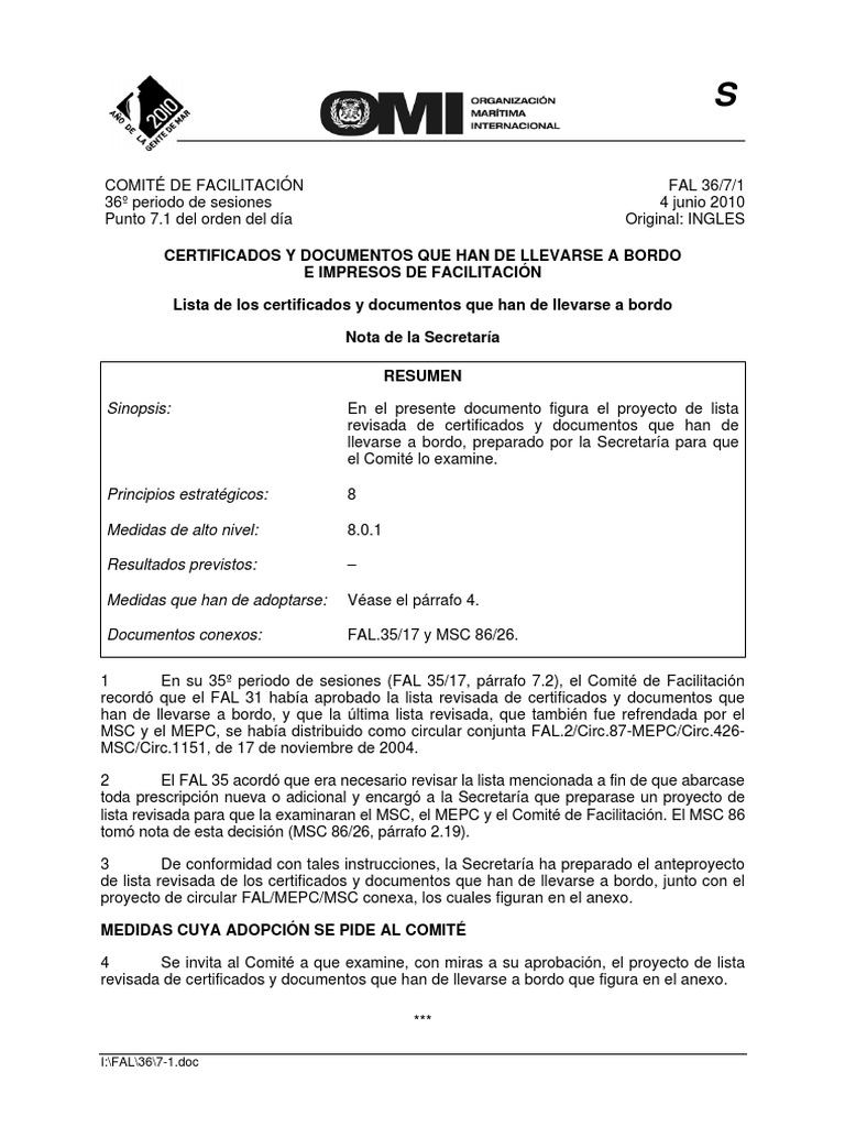 FAL 36-7-1 - Lista de Los Certificados y Documentos Que Han de Llevarse A Bordo (SecretarÃ A ...