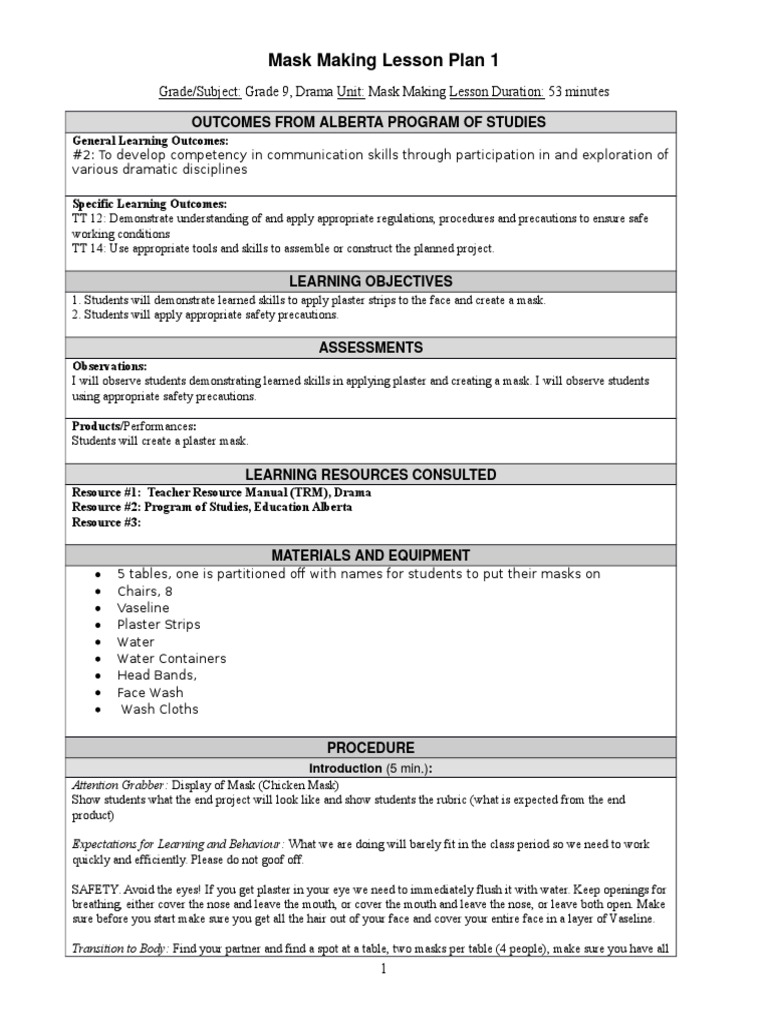 Mask Making Lesson 1 | PDF | Plaster | Lesson Plan