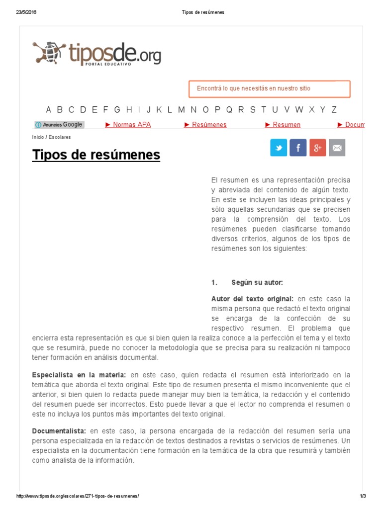 Tipos de Resúmenes | PDF | Documento | Bases de datos