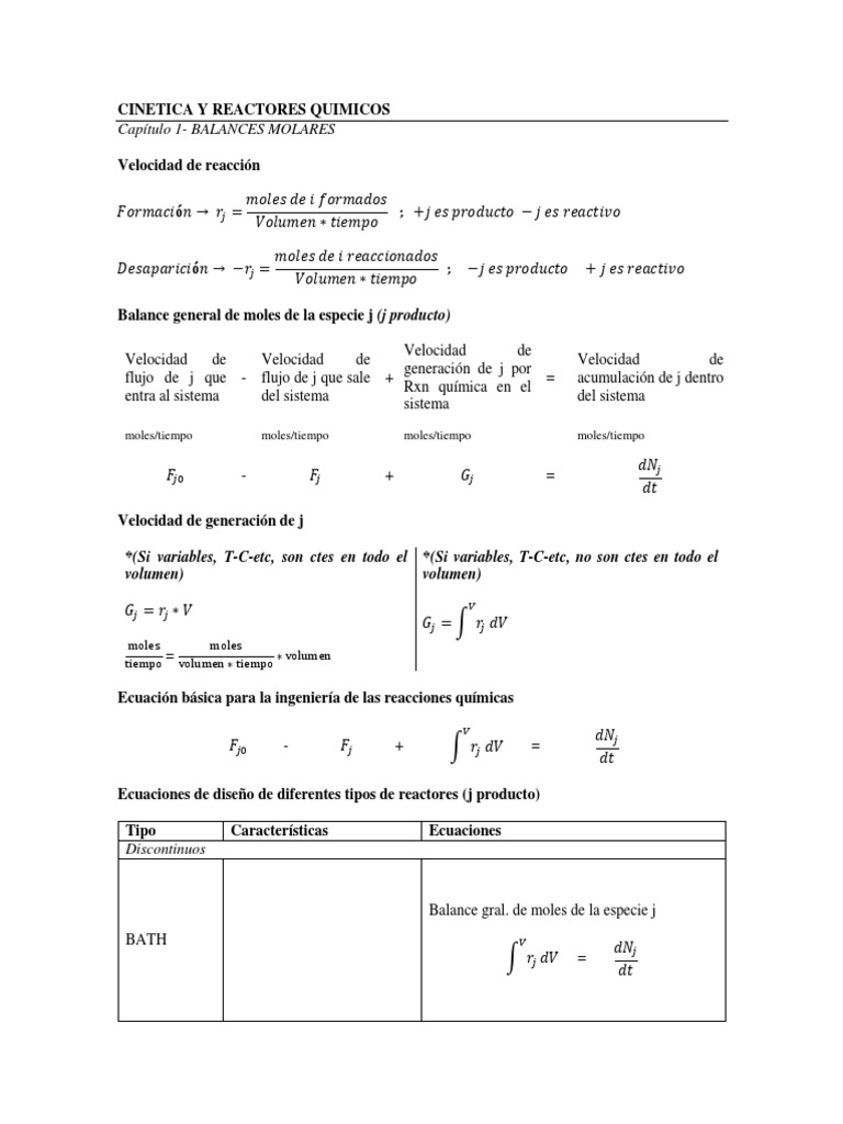 Formulas Cinetica y Reactores Quimicos | PDF | Reactor Quimico | Velocidad de reacción
