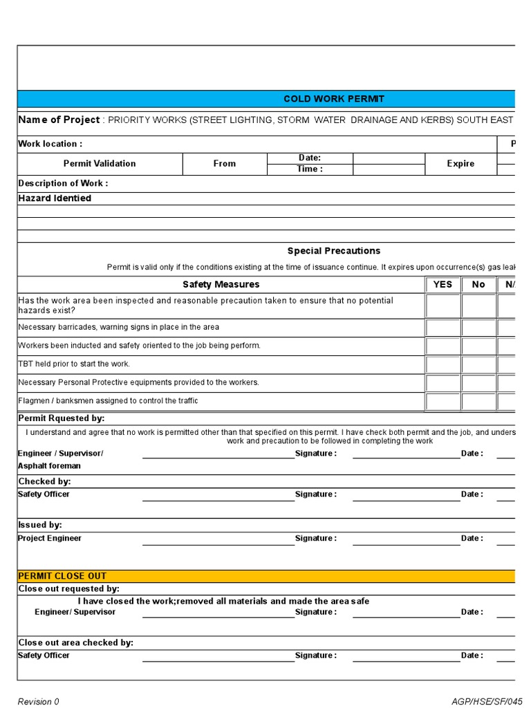 Name of Project:: Cold Work Permit | PDF | Safety | Prevention