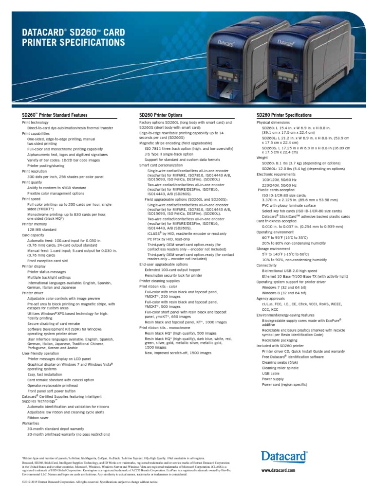 Datacard SD260 Spec Sheet | PDF | Printer (Computing) | Smart Card