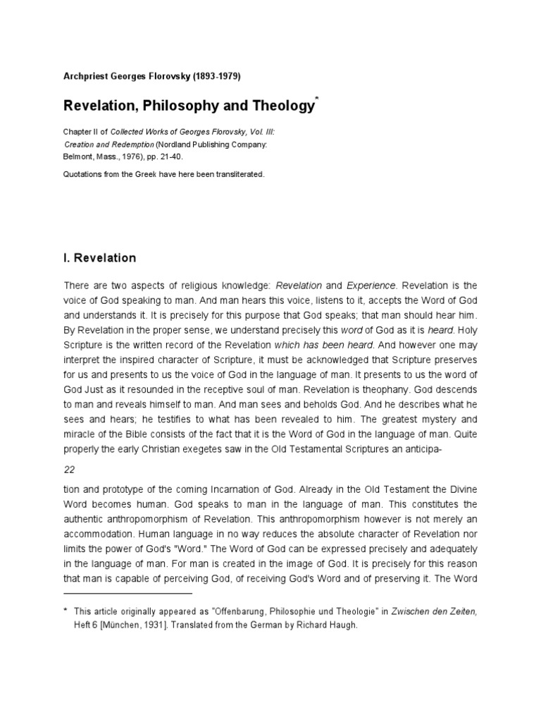 Florovsky Georges, Revelation, Philosophy and Theology | PDF