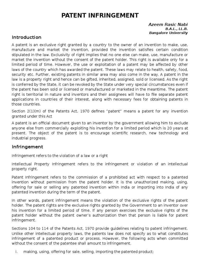 Patent Infringement | Patent Infringement | Glossary Of Patent Law Terms
