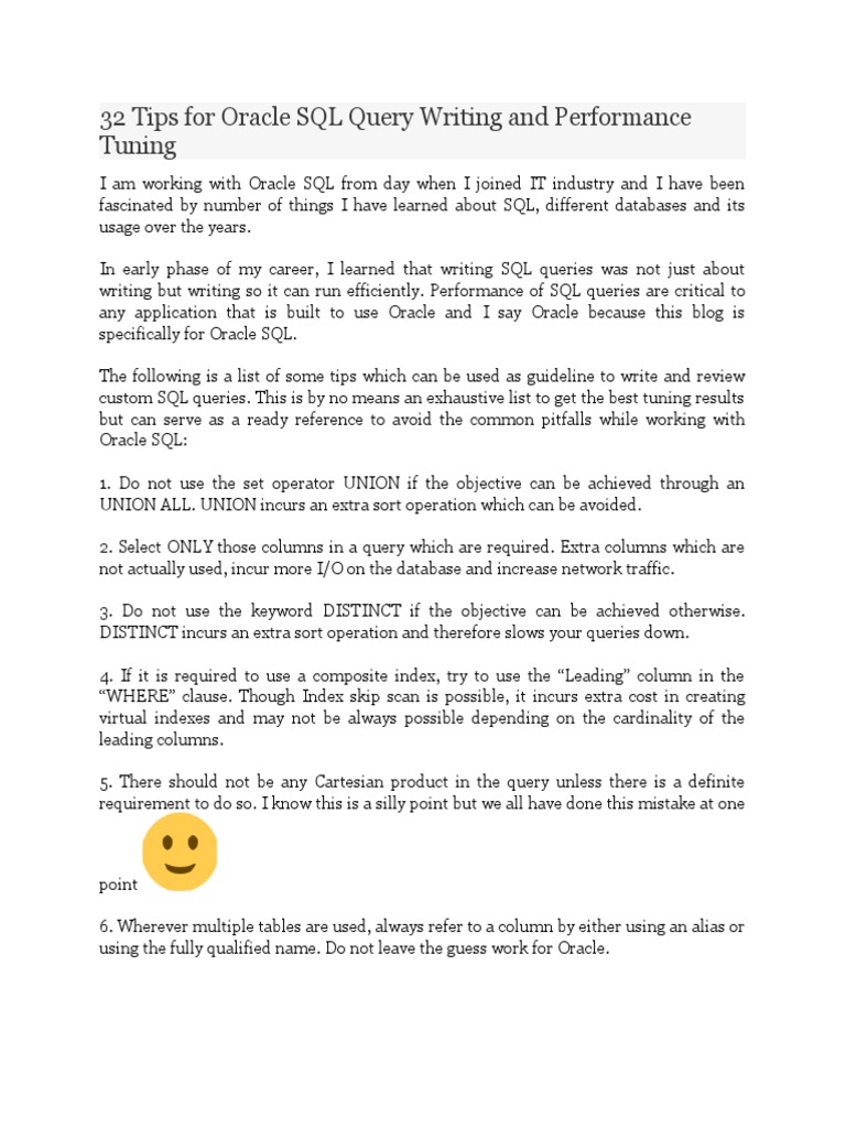 32 Tips For Oracle SQL Query Writing and Performance Tuning | Download Free PDF | Database Index ...