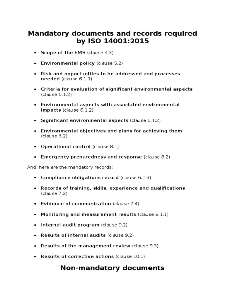 ISO 14001:2015 Mandatory Documents List | PDF | Computers
