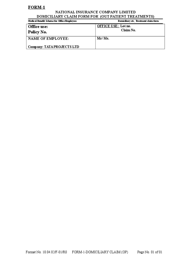 Form 1 Domiciliary Claim Form For Op | PDF