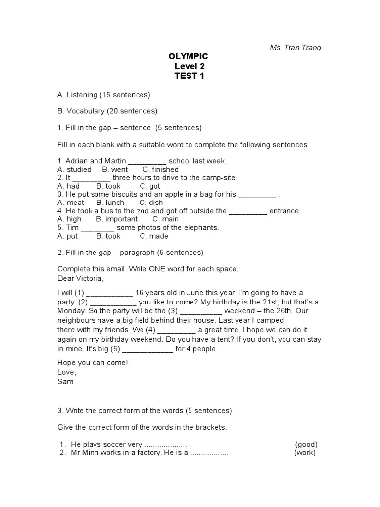 English Test - Level 2 - KET | PDF | Grammatical Tense | Adjective
