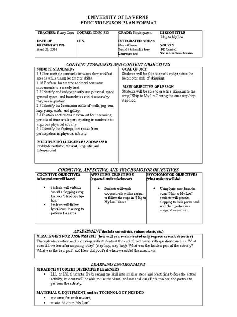Locomotor Lesson Plan | PDF | Physical Education | Educational Assessment