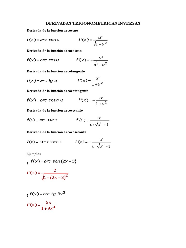 Derivadas Trigonometricas Inversas | PDF | Derivado | Fracción ...