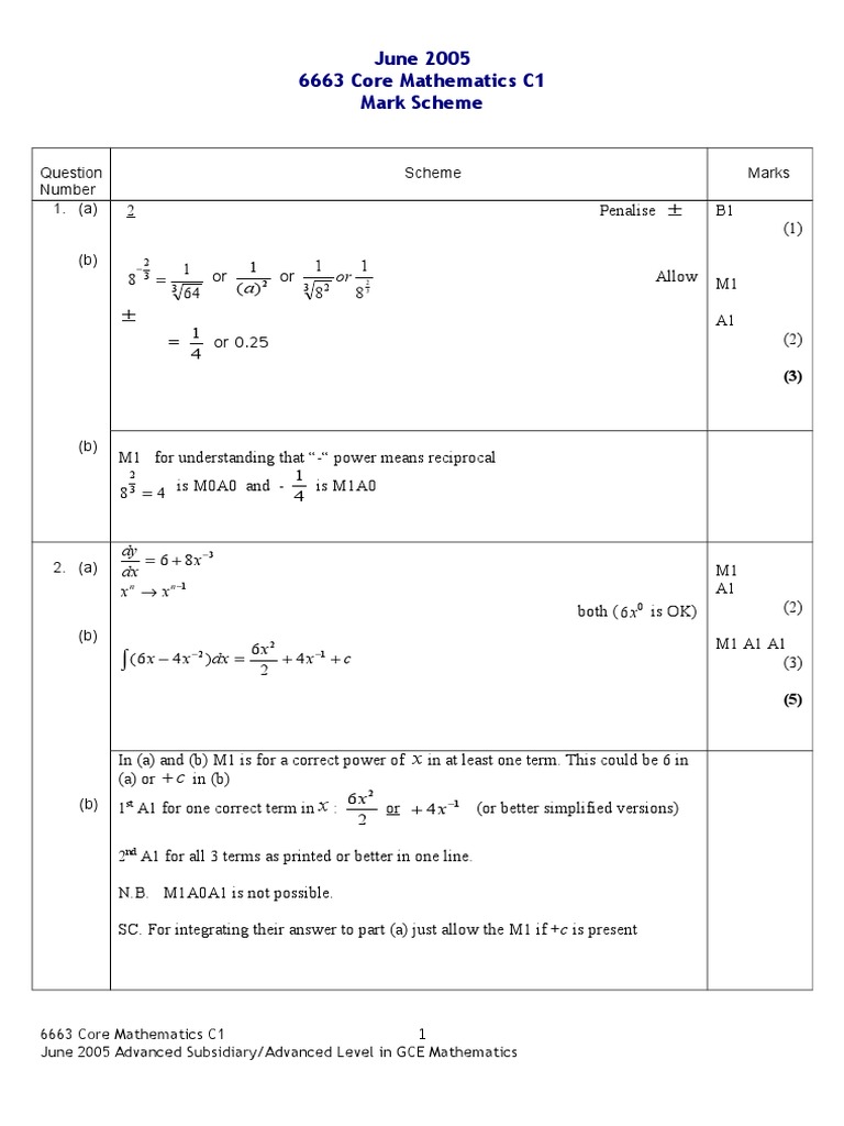 June 2005 6663 Core Mathematics C1 Mark Scheme: Number Scheme Marks 1 ...
