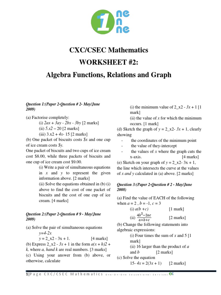 CSEC Math Worksheet 2 | PDF | Equations | Cartesian Coordinate System