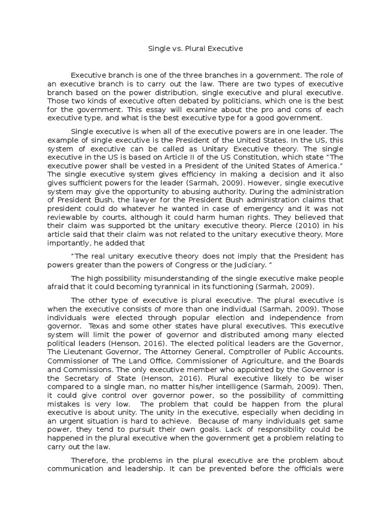 Single vs Plural Executive: Pros and Cons | PDF | Government ...