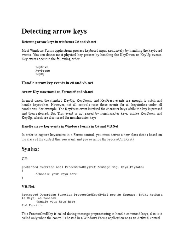 Detecting Arrow Keys | PDF | C Sharp (Programming Language) | Computer ...