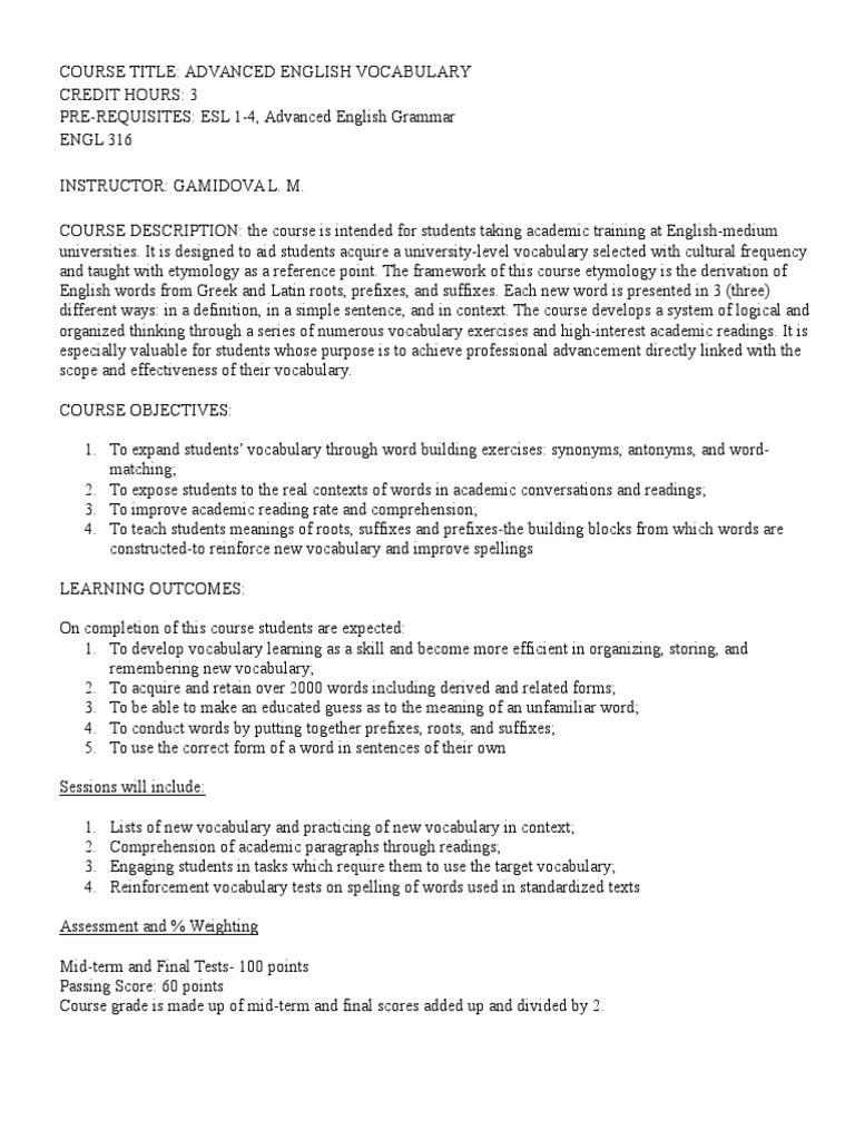 Advanced English Vocabulary Course | PDF | Vocabulary | Reading ...