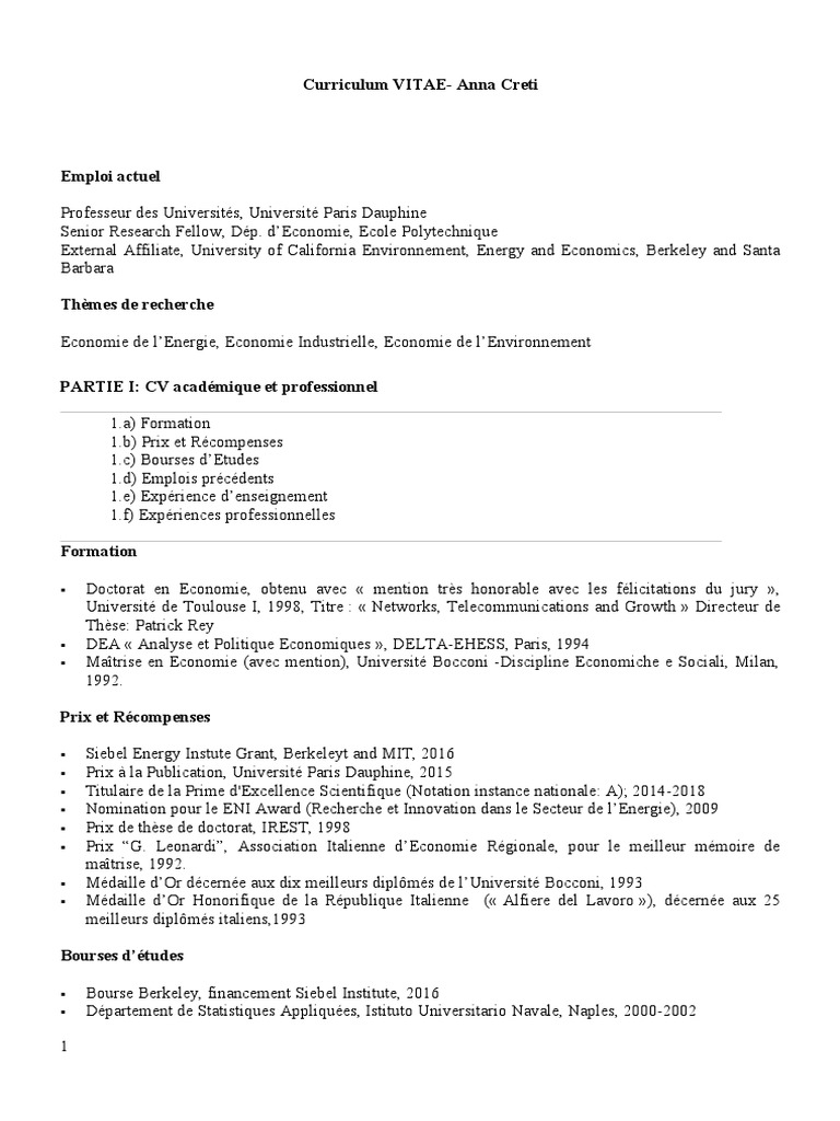 CV d'Anna Creti - Professeur en Economie | PDF | Doctorat | Économie