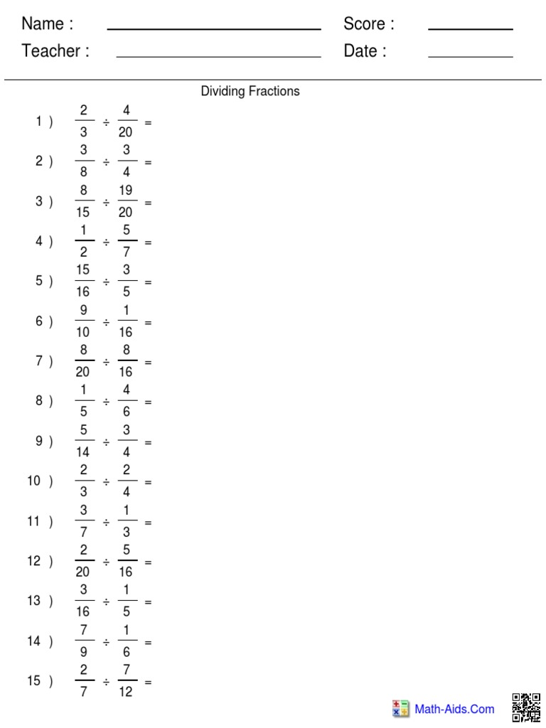 Dividing Fractions Practice Worksheet | PDF