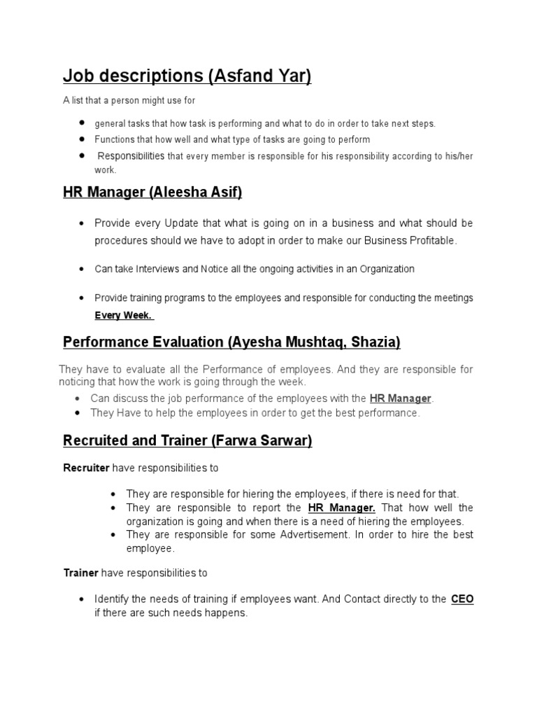 Document Outlining Key Job Roles and Responsibilities Within an ...