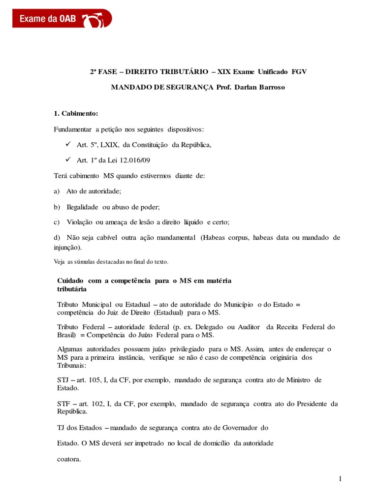 MS - Tributário - Darlan Barroso | PDF | Mandamus | Procedimento jurídico