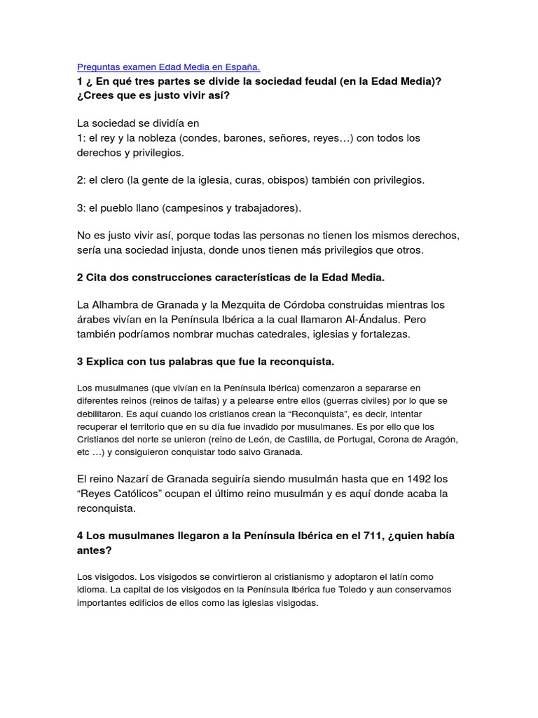 Preguntas Examen Edad Media en España | Al Andalus | Península Ibérica