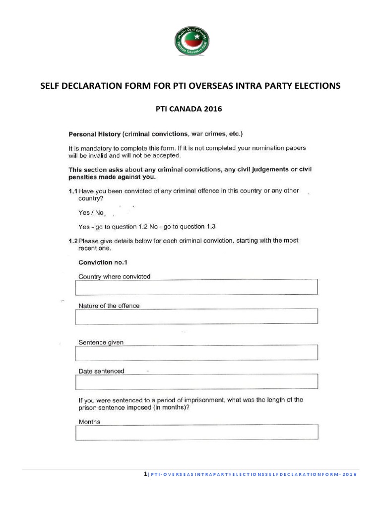 OIC Self Declaration Form CANADA (2016) | PDF