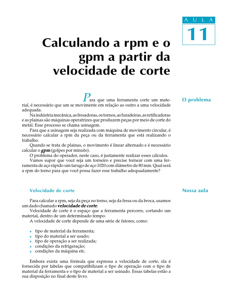 Calcular rpm, gpm e velocidade de corte para diferentes operações de ...