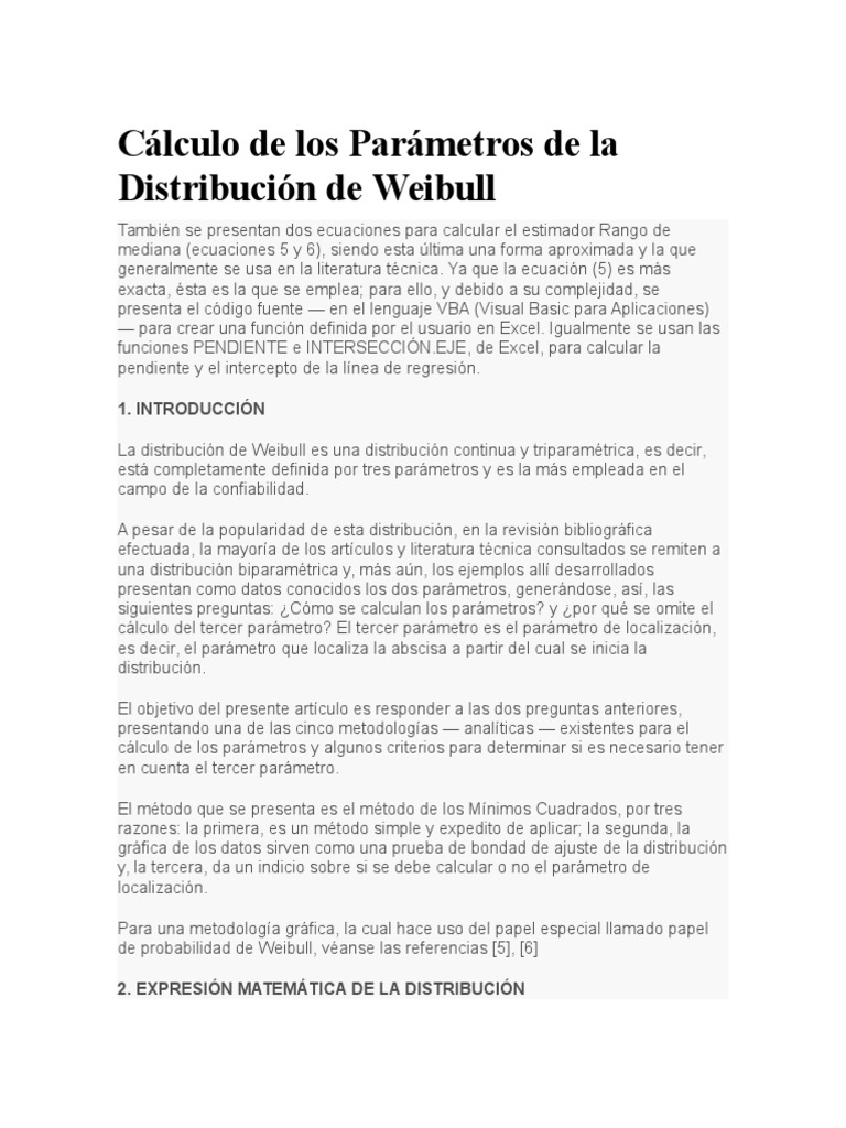 Cálculo De Los Parámetros De La Distribución De Weibull Pdf