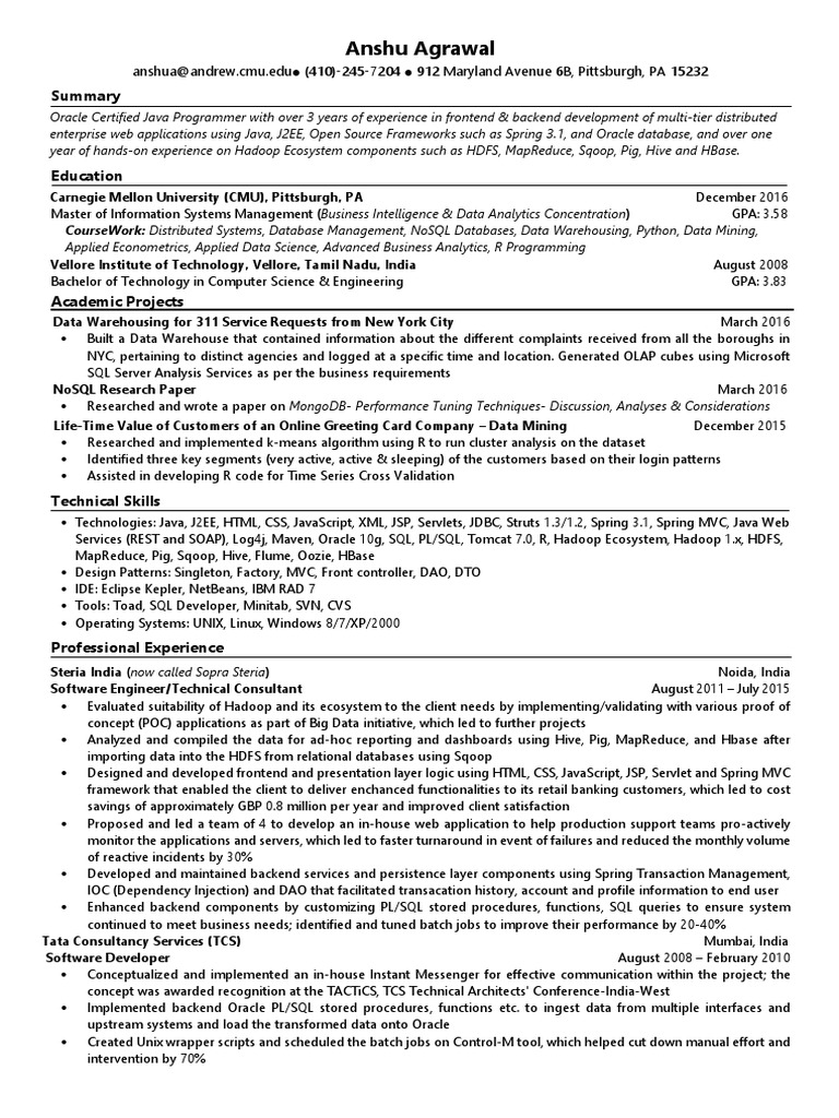 Resume - Anshu Agrawal PDF | PDF | Apache Hadoop | Spring Framework