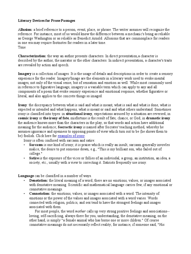 Literary Devices For Prose Passages | PDF | Irony | Narration