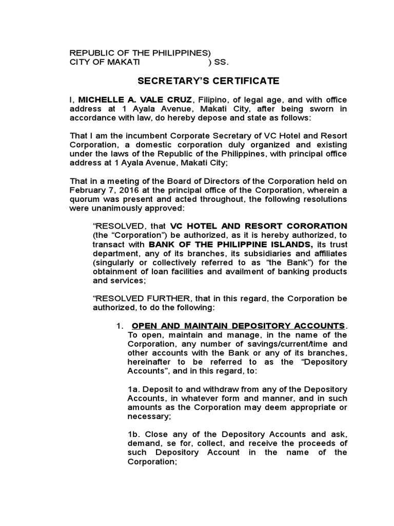 Secretary's Certificate | PDF | Credit (Finance) | Banks