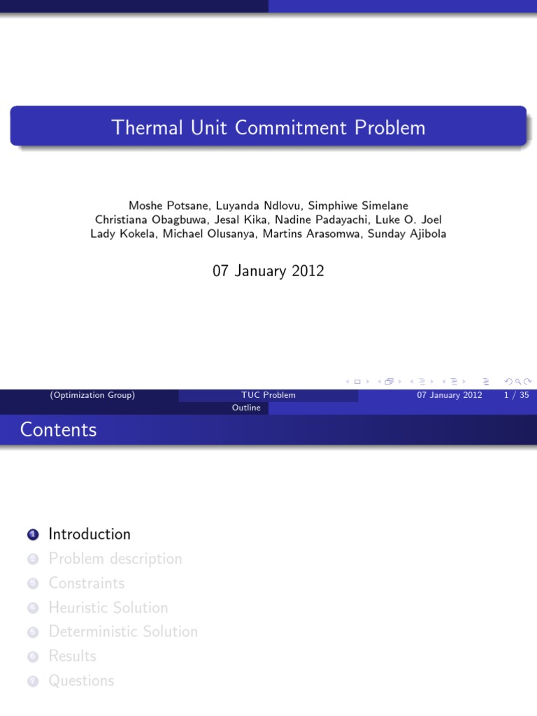 Thermal Unit Commitment Problem 07 January 2012 Pdf Mathematical Optimization Computer