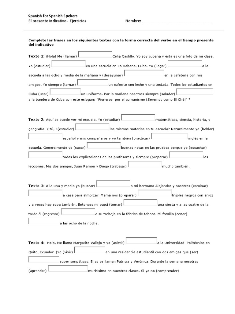 Ejercicios de Presente de Indicativo | PDF | Artes del Lenguaje y ...
