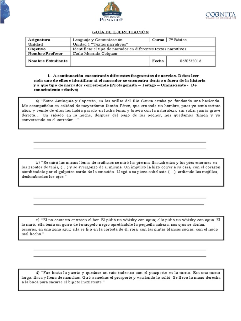 Guía de Ejercicios de Textos Narrativos | PDF