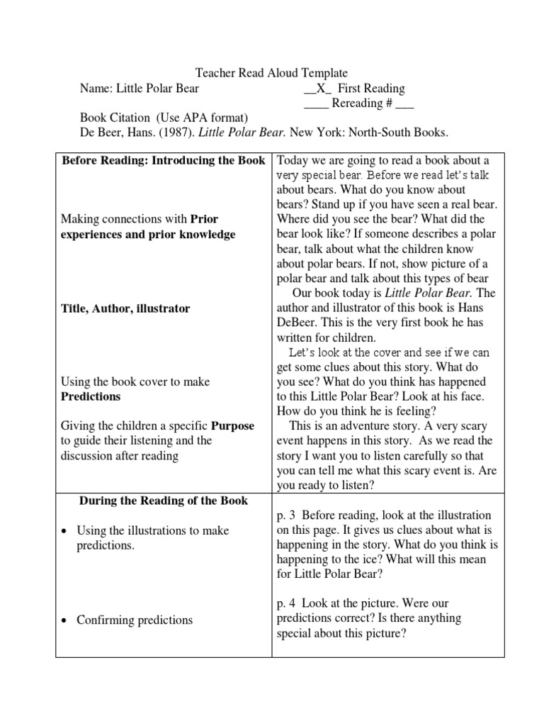 Little Polar Bear Read Aloud Guide | PDF | Reading Comprehension ...