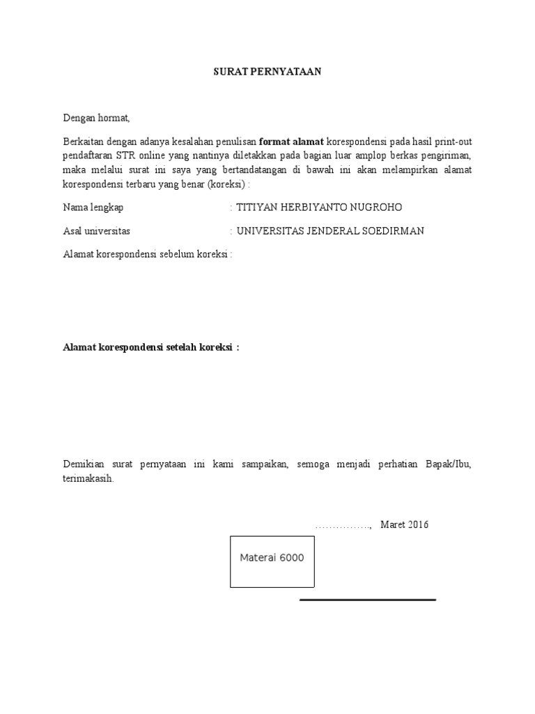 Surat Keterangan Ralat Alamat Korespondensi | PDF