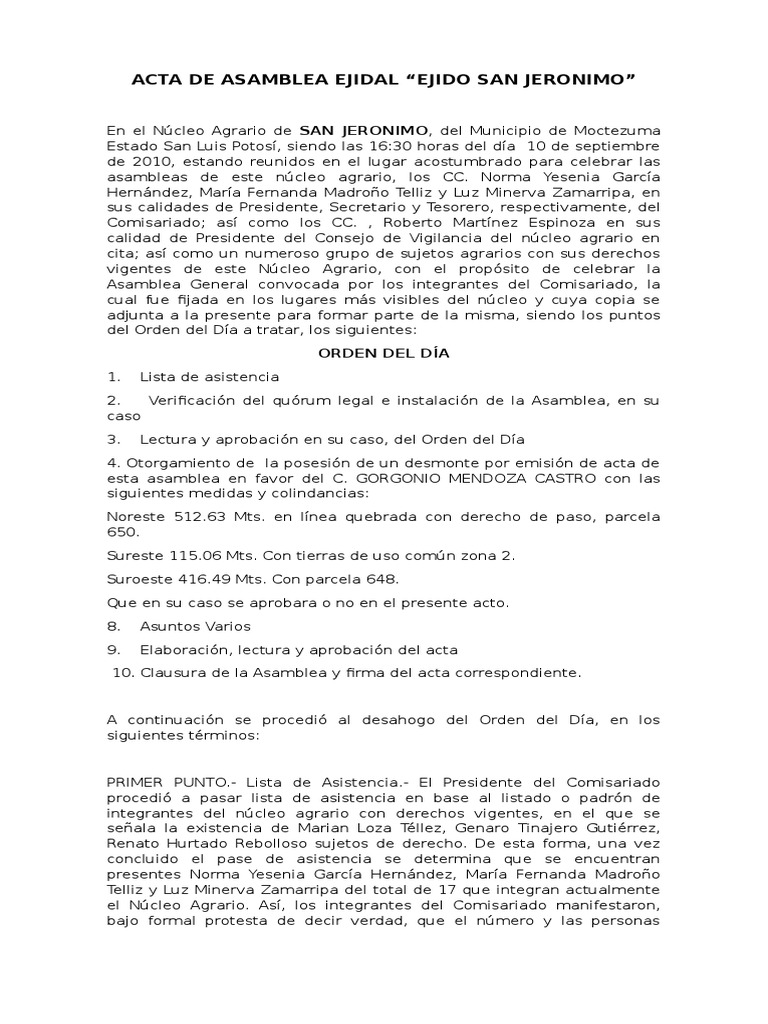 Acta Asamblea Ejidal San Jerónimo | PDF | Quórum | Gobierno
