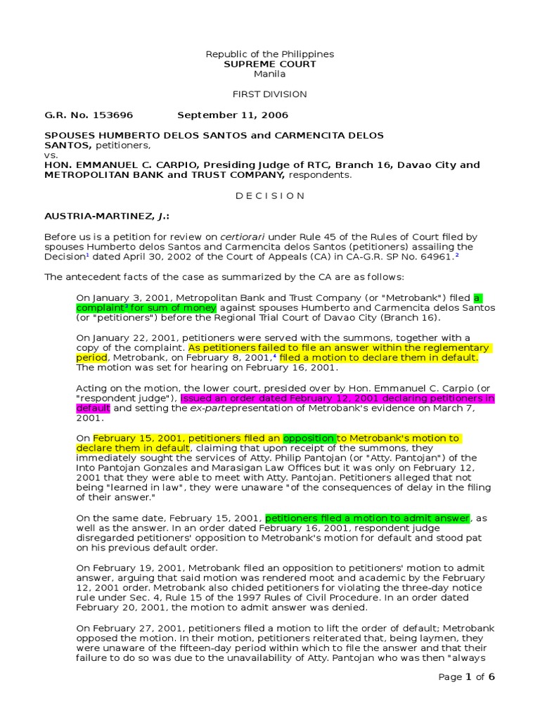 Delos Santos v. Metrobank Ruling | PDF | Pleading | Complaint