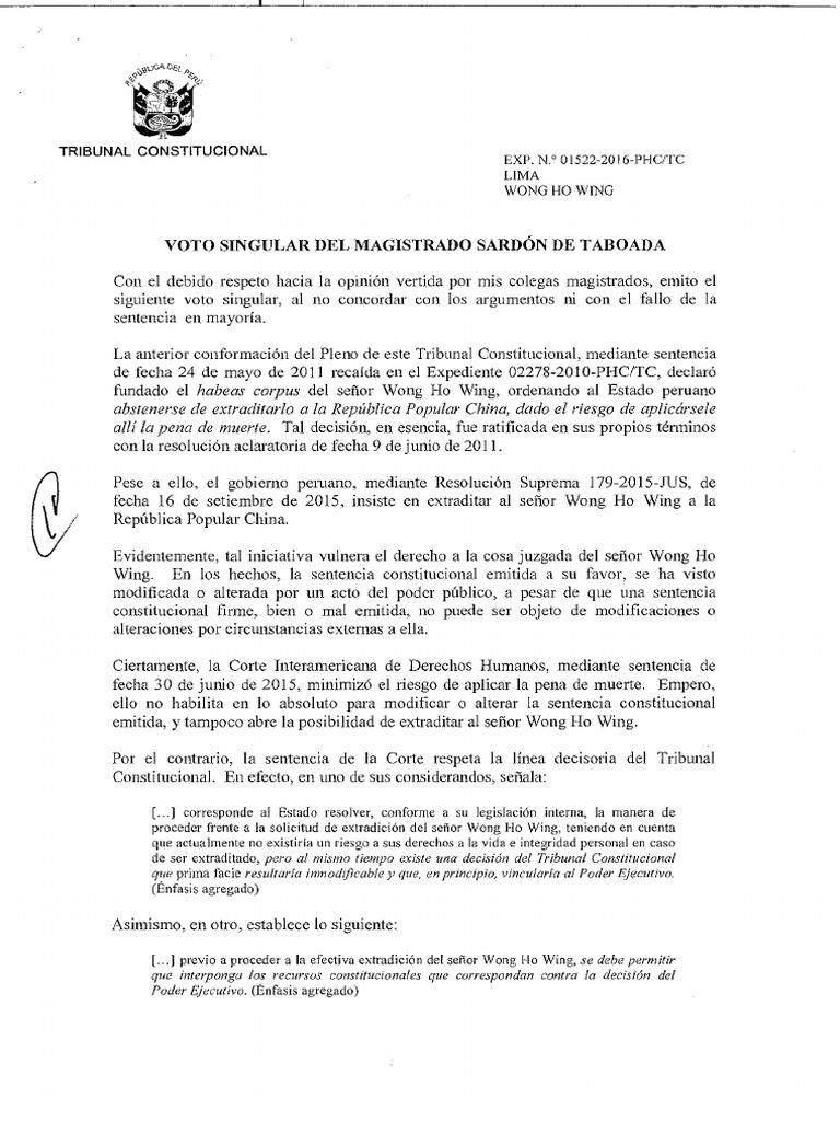 Voto Singular Wong Ho Wing | PDF | Habeas corpus | Pena capital