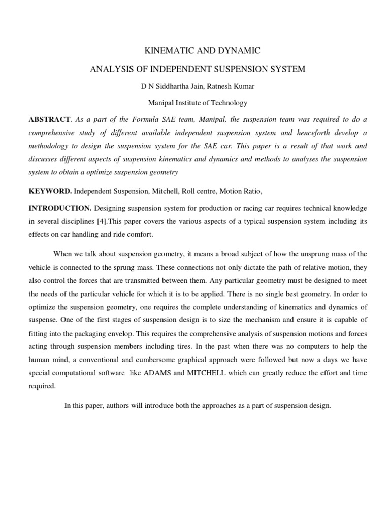 Kinematic and Dynamic Analysis of Independent Suspension System | PDF | Suspension (Vehicle ...