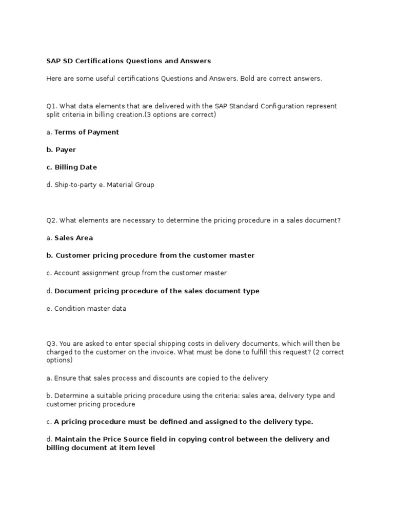 SAP SD Certifications Questions and Answers | PDF | Invoice | Delivery ...