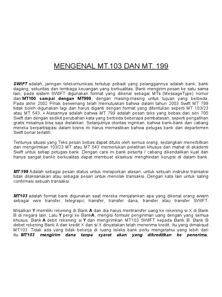 Panduan Lengkap MT103 dan MT199 | PDF | Pengelolaan Keuangan & Uang