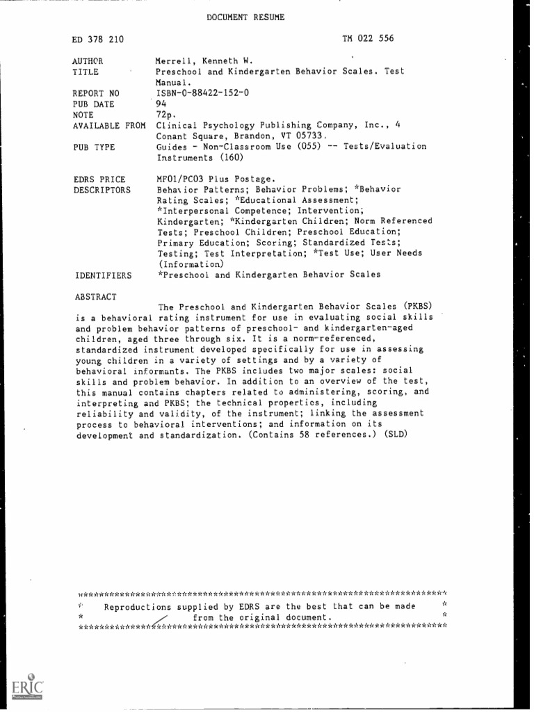 Preschool and Kindergarten Behavior Scales (PKBS) | PDF | Anxiety ...