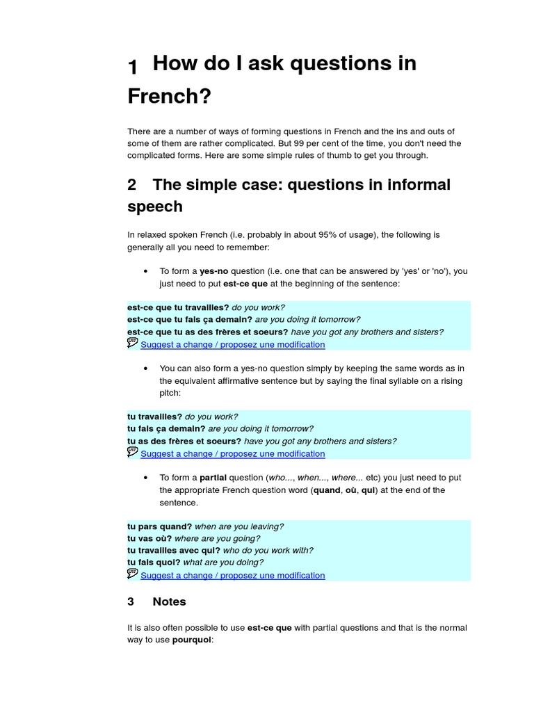 French Questions | PDF | Subject (Grammar) | Pronoun