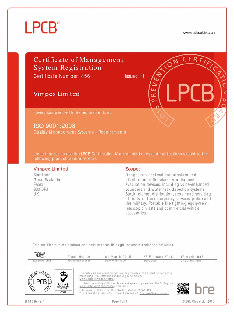 LPCB Certificate ISO9001 456 Issue 11 | PDF